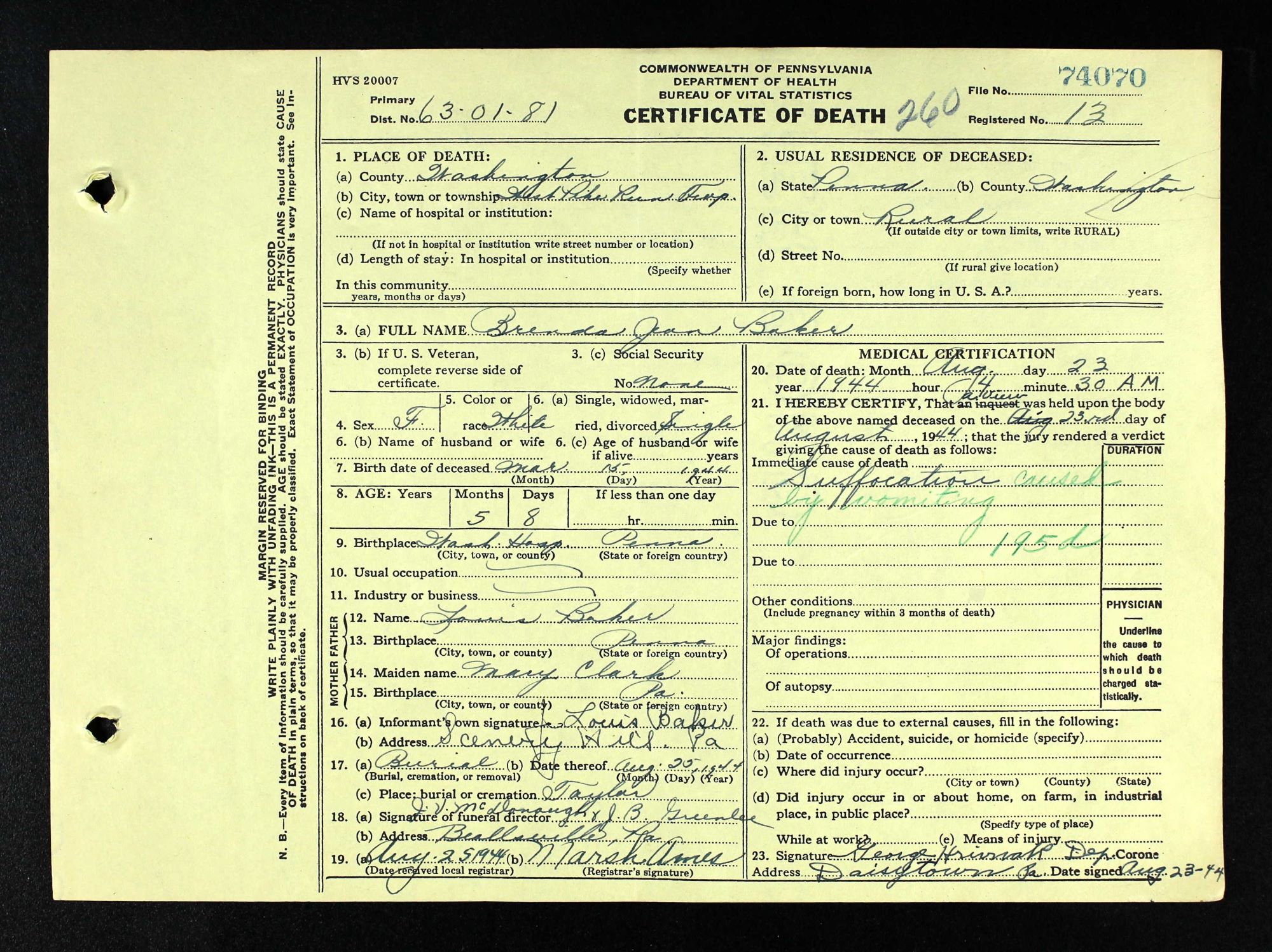 Brenda Jean Baker death certificate